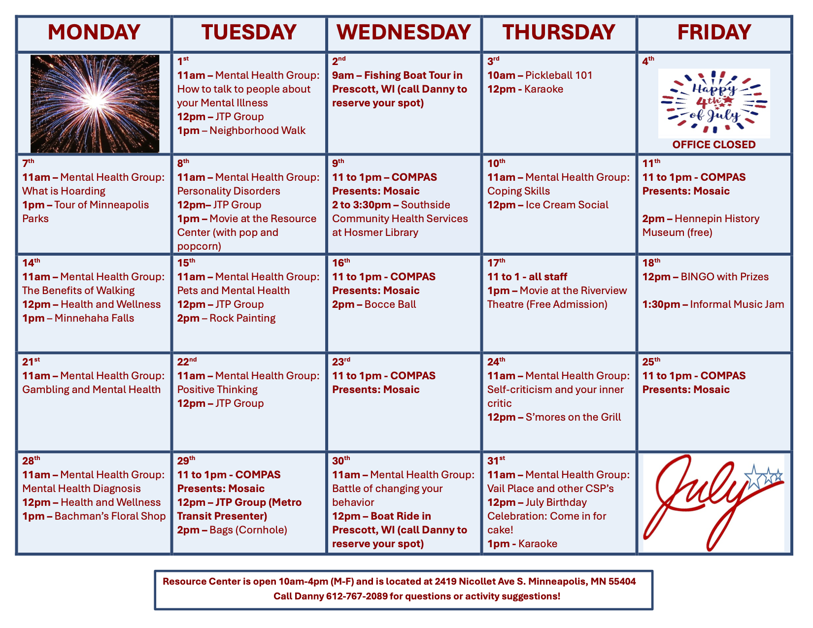 Activities Calendar July 2025 - Tasks Unlimited